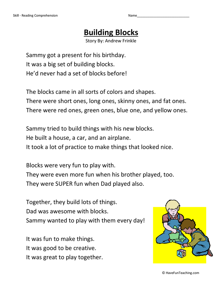 Building Blocks - Reading Comprehension Worksheet by Teach Simple