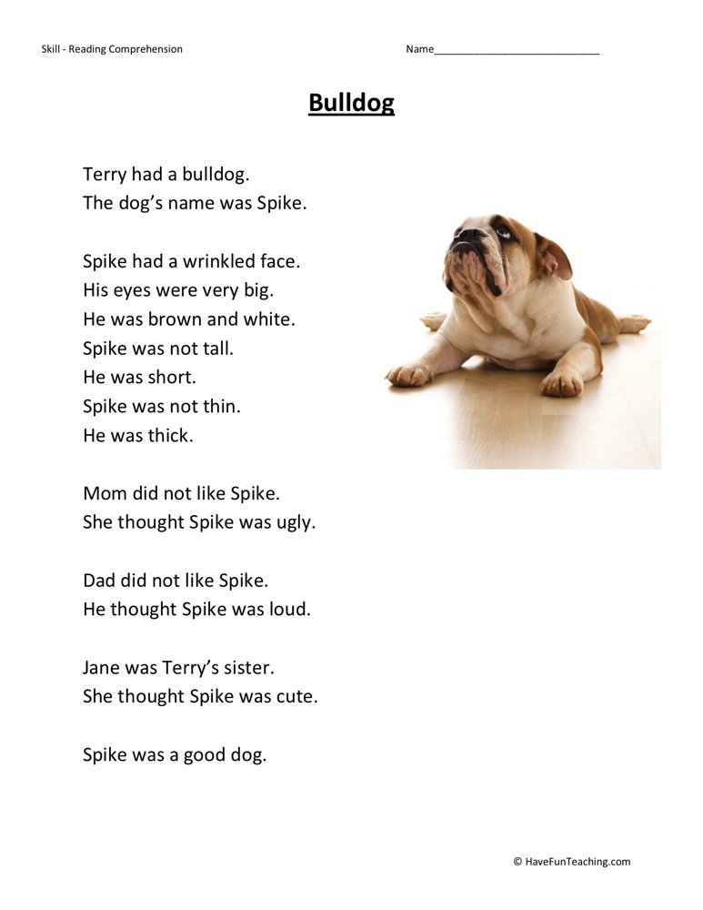 Bulldog Reading Comprehension Worksheet by Teach Simple