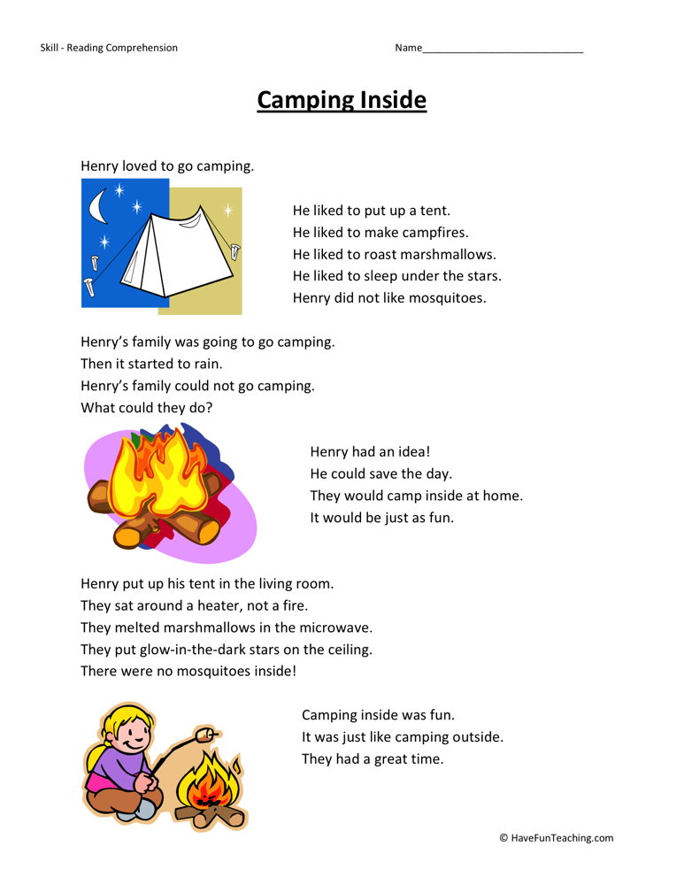 Camping Inside Reading Comprehension Worksheet by Teach Simple