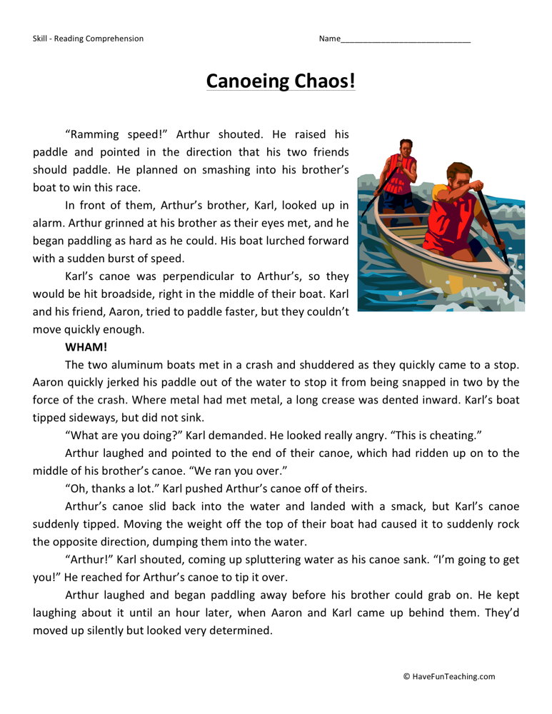 Canoeing Chaos - Reading Comprehension Worksheet by Teach Simple