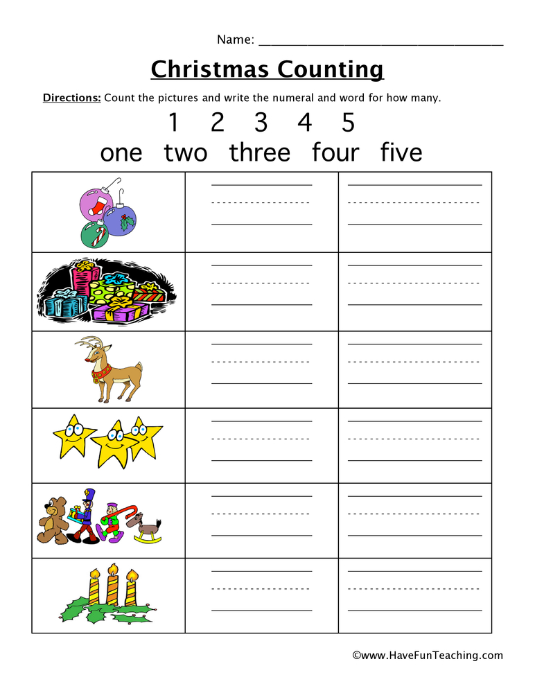 Christmas Counting Numbers 1-5 Worksheet by Teach Simple