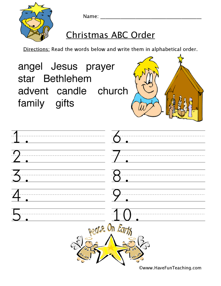 Christmas Religious ABC Order Worksheet by Teach Simple