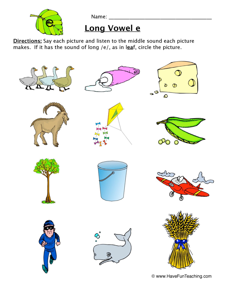 Circling Long Vowel Sounds E Worksheet by Teach Simple