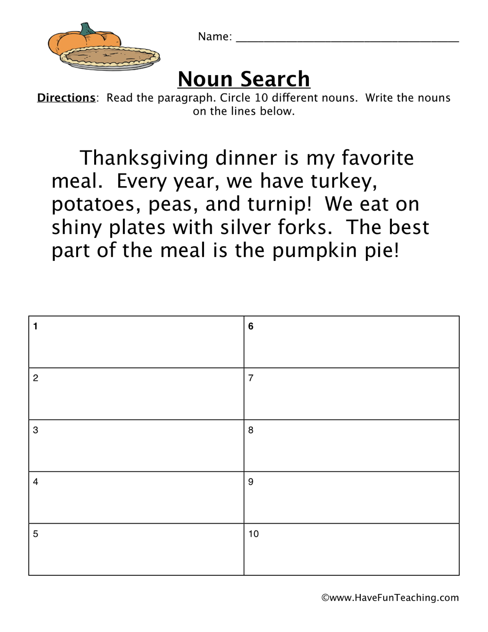 Circling Nouns Worksheet by Teach Simple