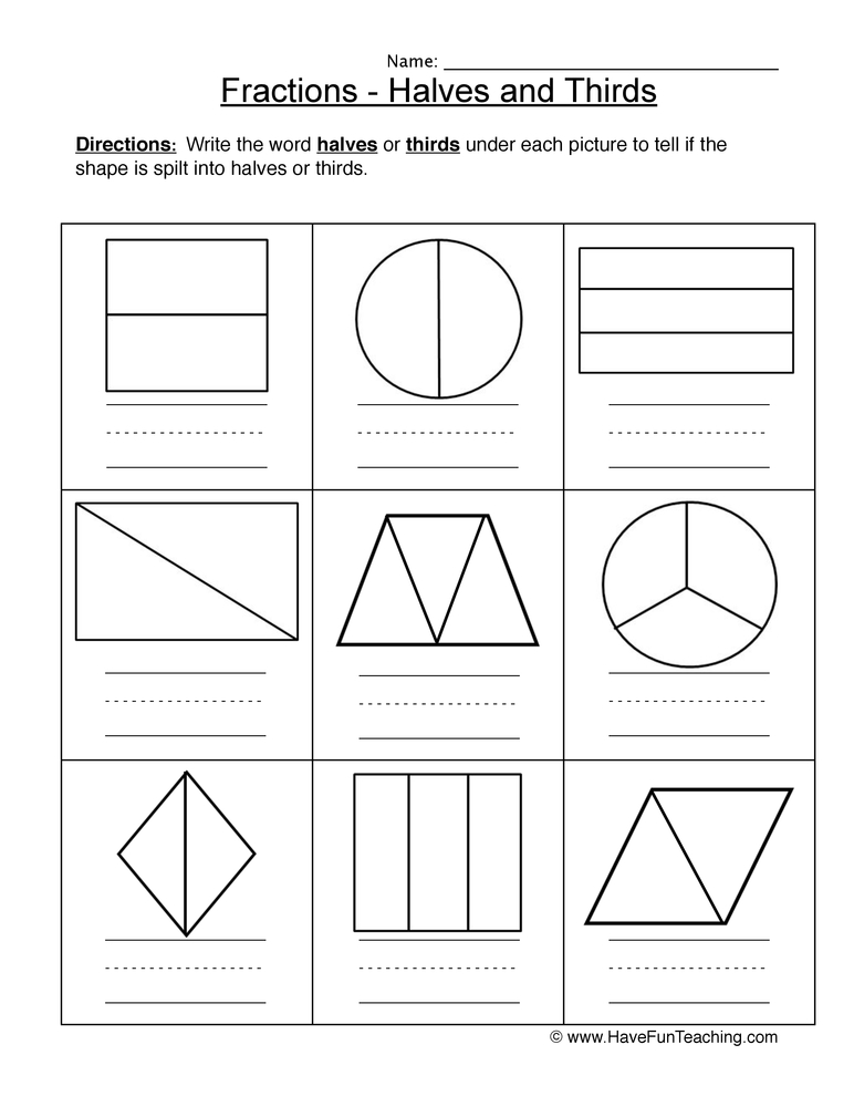 Coloring Halves Thirds Worksheet by Teach Simple
