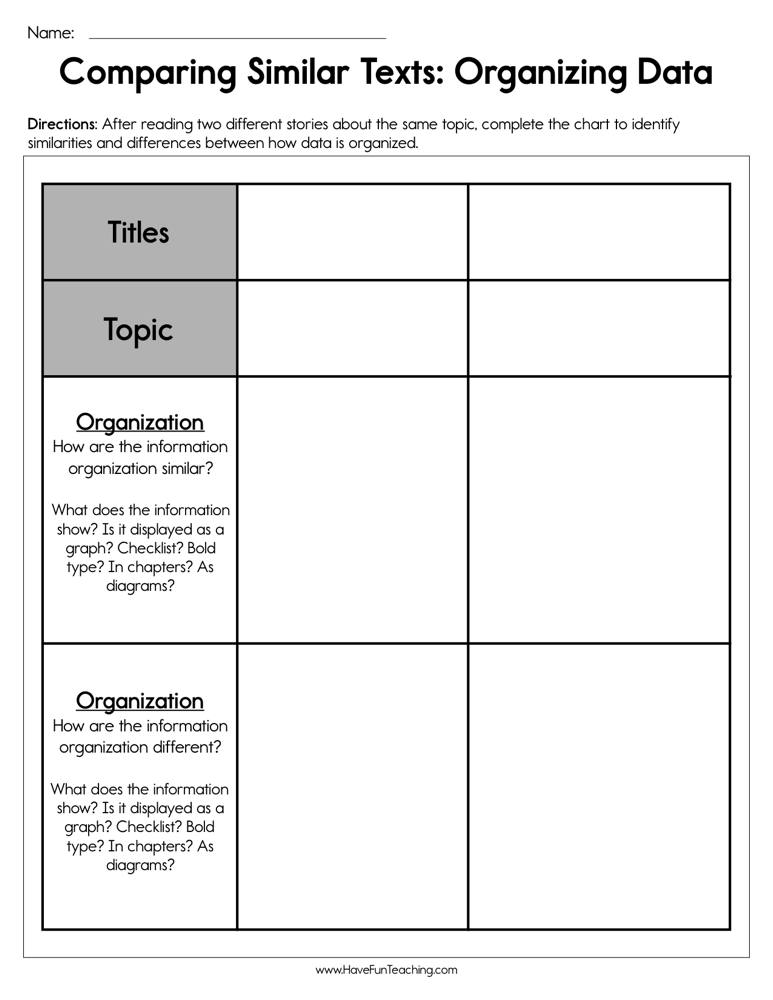 Comparing Similar Texts Organizing Data Worksheet by Teach Simple