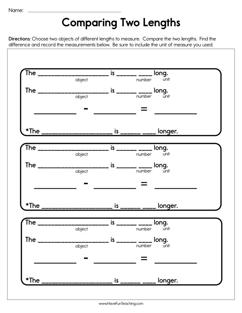 Comparing Two Lengths Worksheet by Teach Simple