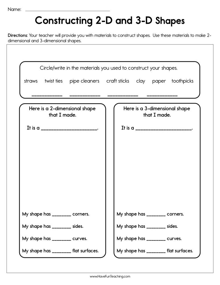 Construct 2-D and 3-D Shapes Worksheet by Teach Simple