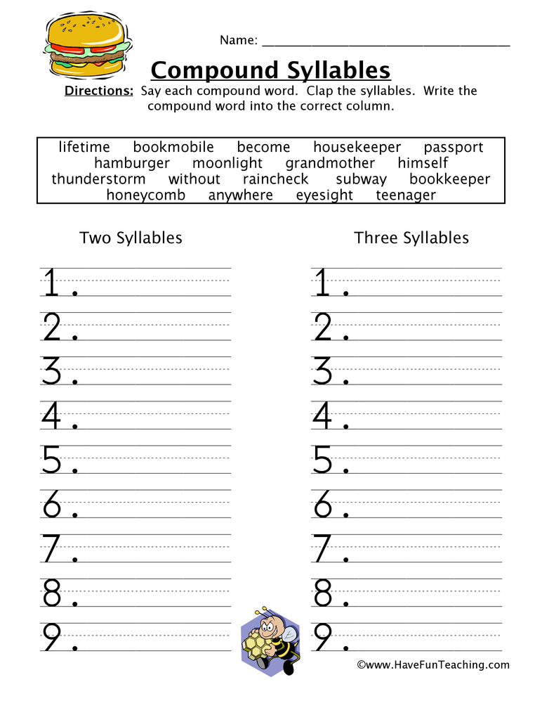 Count the Compound Words Syllables Worksheet by Teach Simple