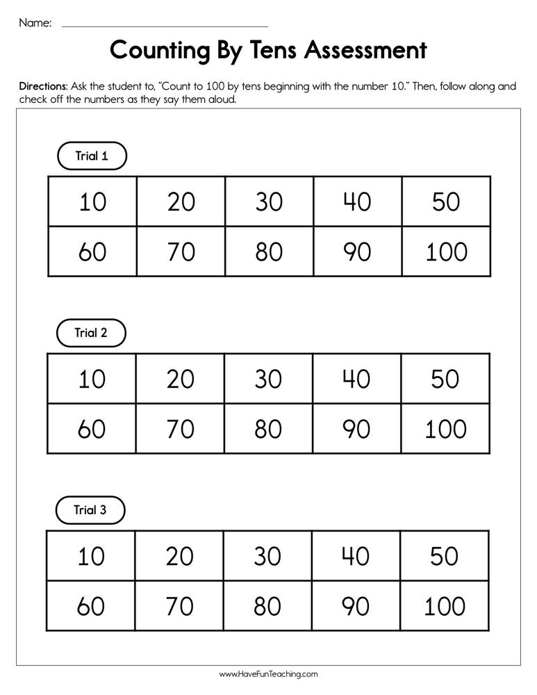 Counting by Tens Assessment Worksheet by Teach Simple