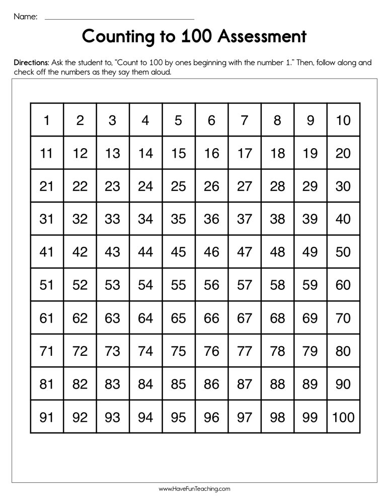 Counting to 100 Assessment Worksheet by Teach Simple