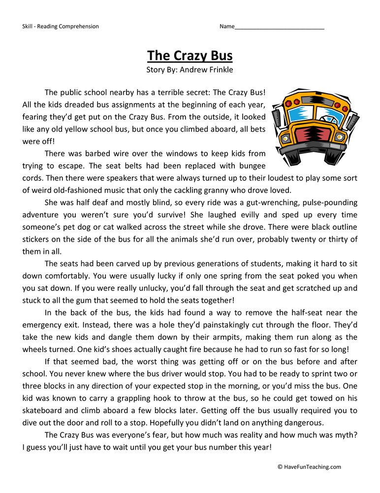 Crazy Bus Reading Comprehension Worksheet by Teach Simple