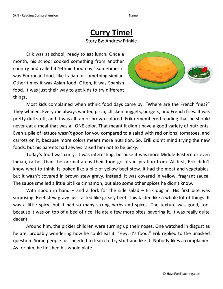 Curry Time - Reading Comprehension Worksheet by Teach Simple