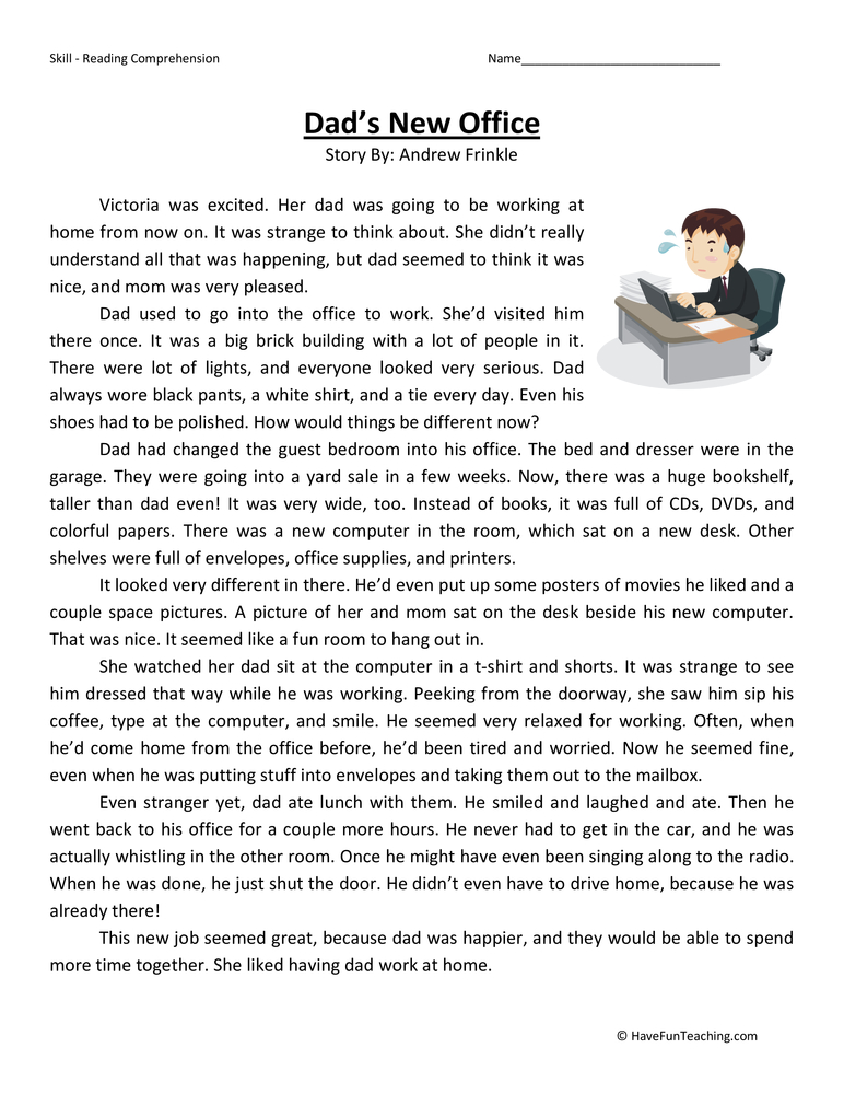 Dad's New Office - Reading Comprehension Worksheet by Teach Simple