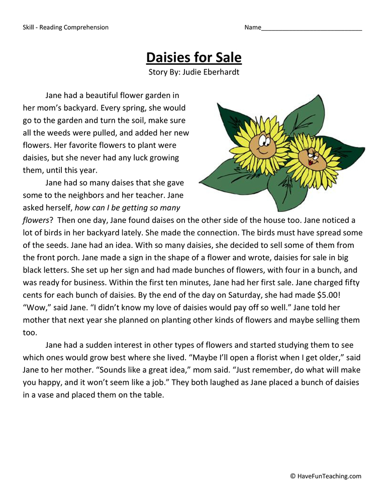 Daisies for Sale - Reading Comprehension Worksheet by Teach Simple