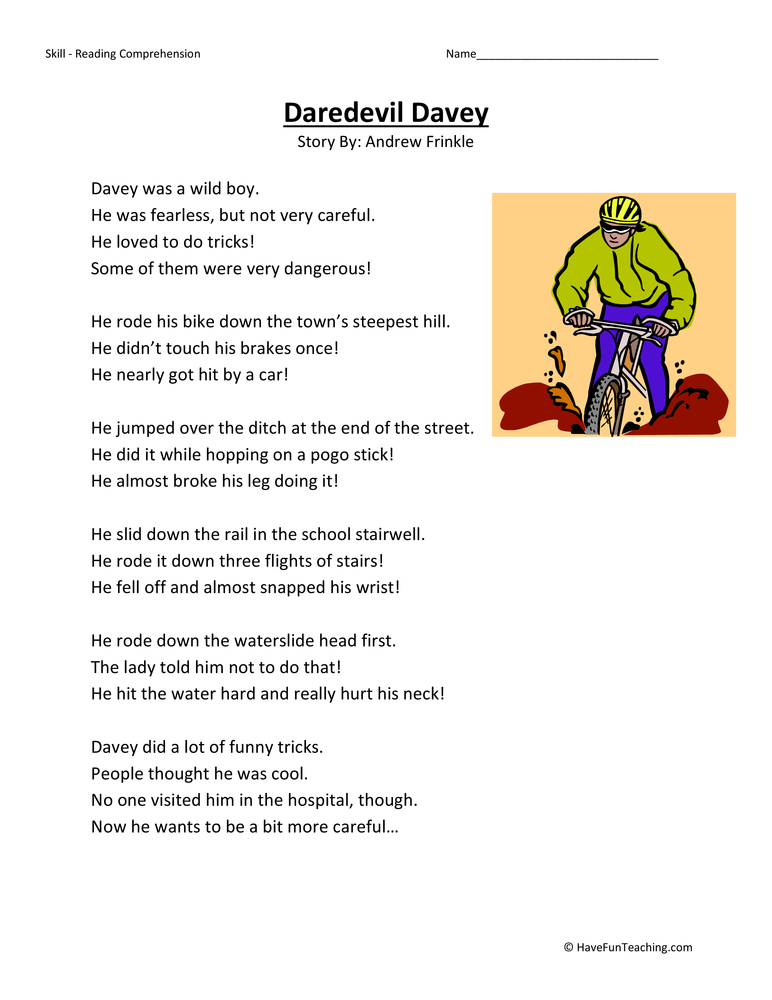 Daredevil Davey - Reading Comprehension Worksheet by Teach Simple