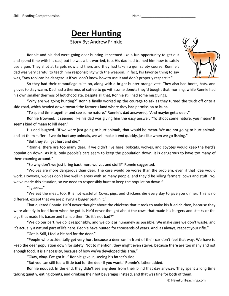 Deer Hunting - Reading Comprehension Worksheet by Teach Simple