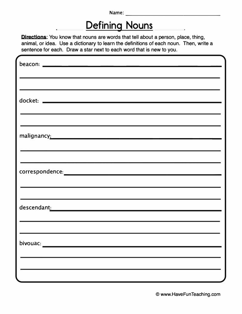 Defining Nouns Worksheet by Teach Simple