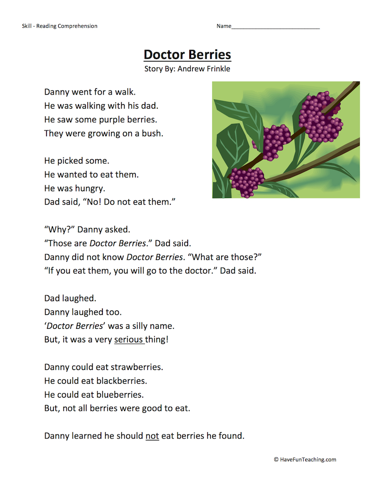 Doctor Berries - Reading Comprehension Worksheet by Teach Simple