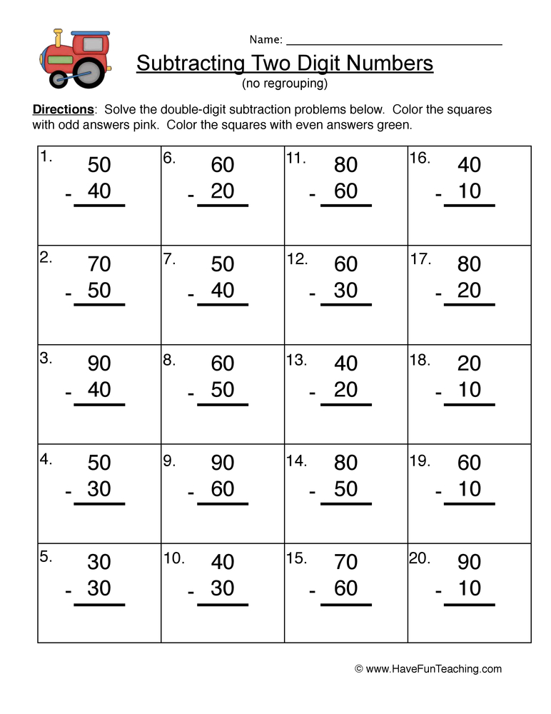 Double Digit Subtraction Without Regrouping Worksheet Tens By Teach 