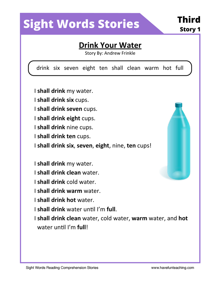 Drink Your Water Third Sight Words Reading Comprehension Worksheet by ...