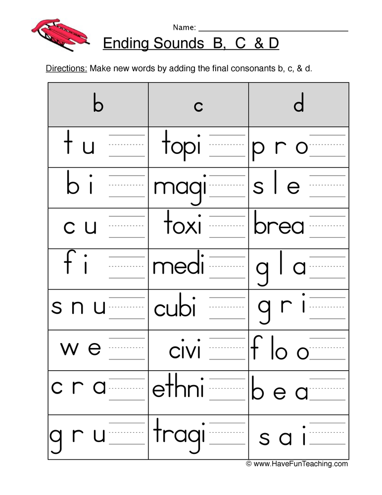 Ending Sounds B C D Worksheet by Teach Simple