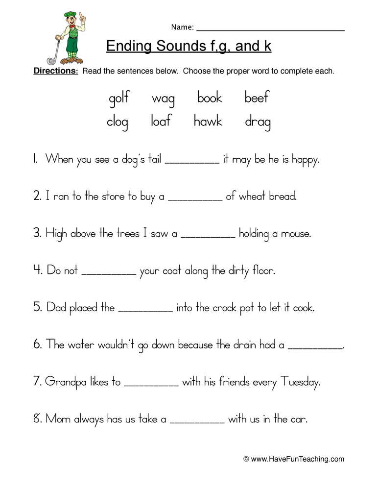 Ending Sounds F G K Sentences Worksheet by Teach Simple