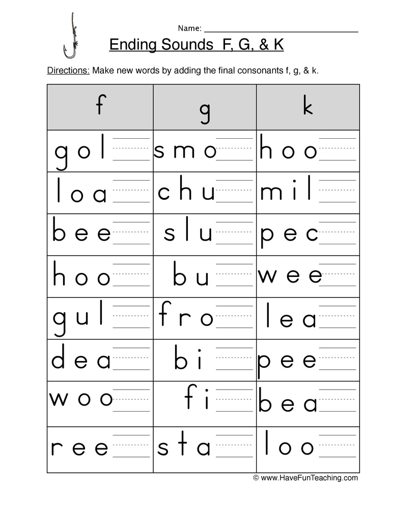 Ending Sounds F G K Worksheet by Teach Simple