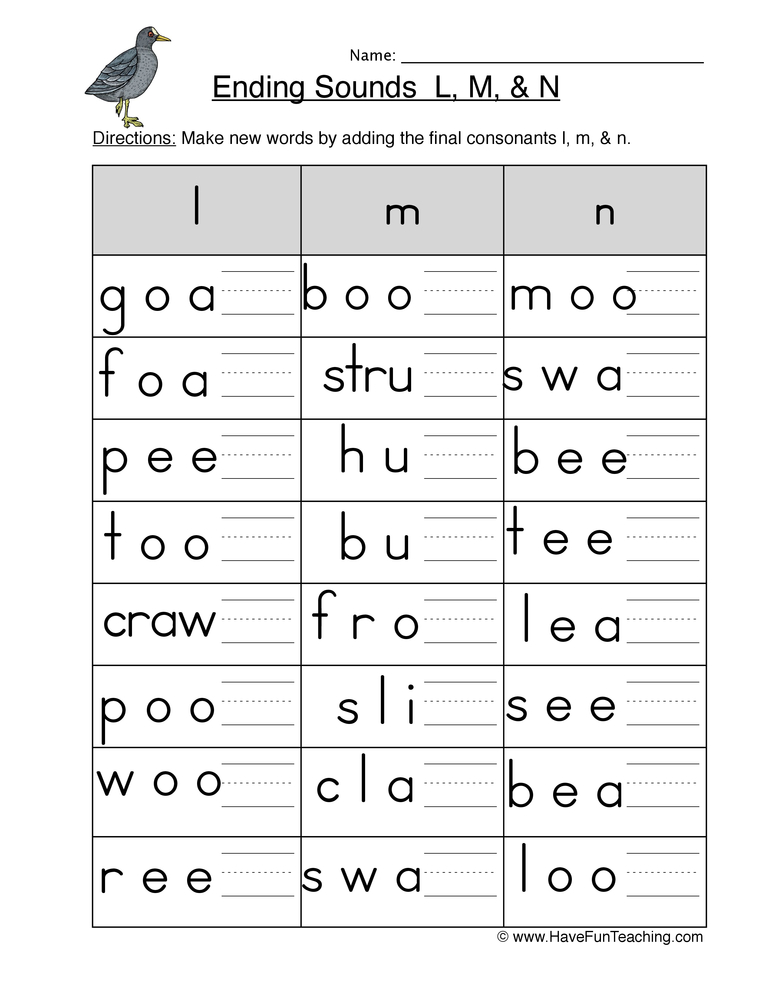 Ending Sounds L M N Worksheet by Teach Simple
