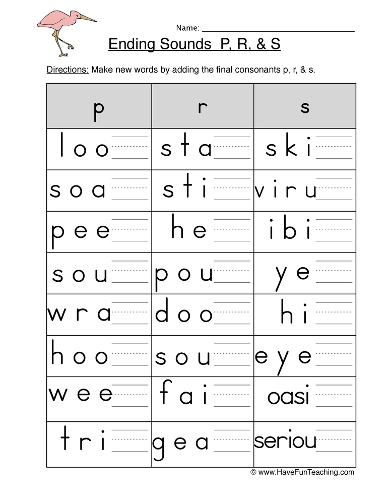 Ending Sounds P R S Worksheet by Teach Simple