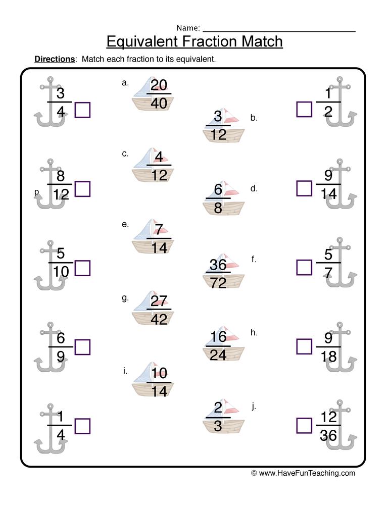 Equivalent Fractions Matching Worksheet By Teach Simple