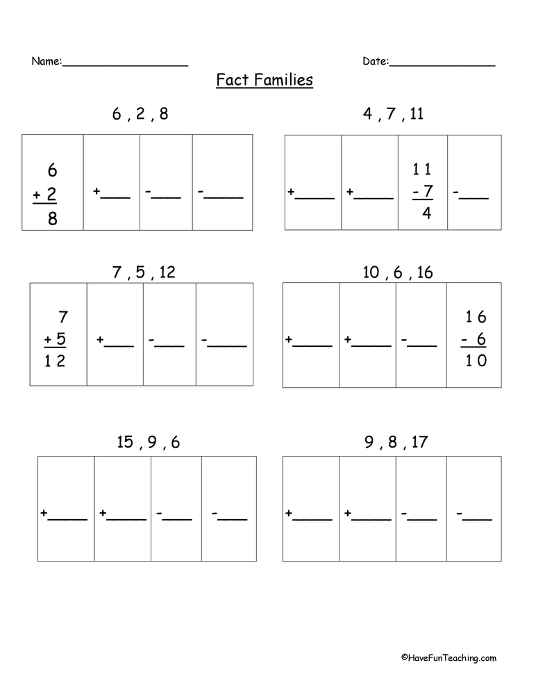 Fact Families Worksheet by Teach Simple