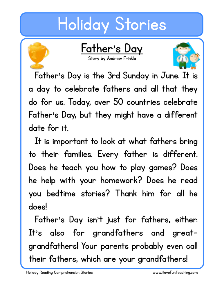 Fathers Day Reading Comprehension Worksheet by Teach Simple
