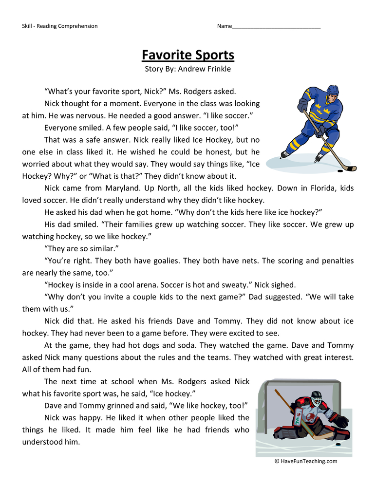 Favorite Sports - Reading Comprehension Worksheet by Teach Simple