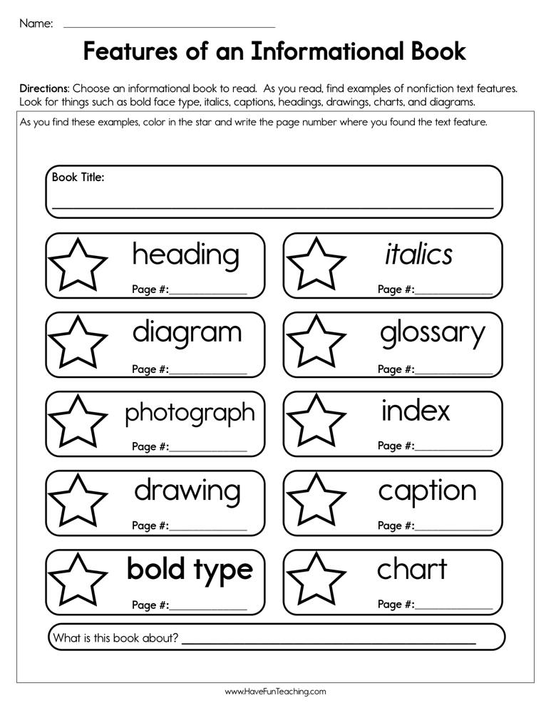 Features of an Informational Book Worksheet by Teach Simple