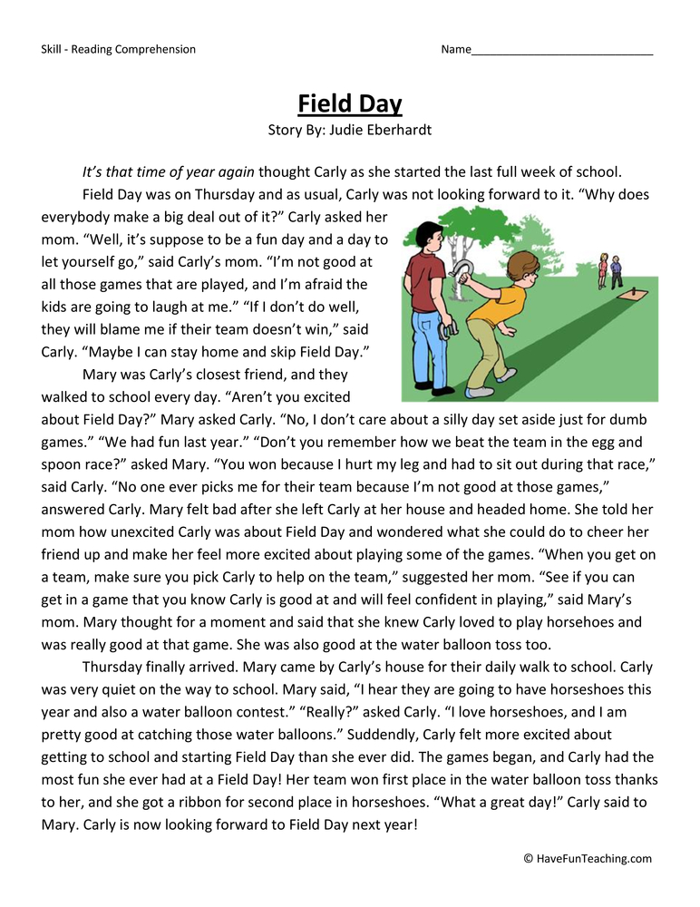 Field Day - Reading Comprehension Worksheet by Teach Simple
