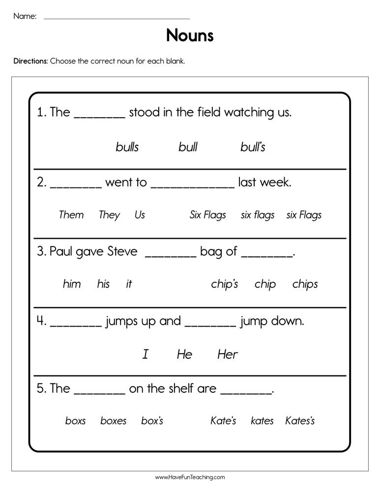 Fill In The Blank Nouns Worksheet By Teach Simple
