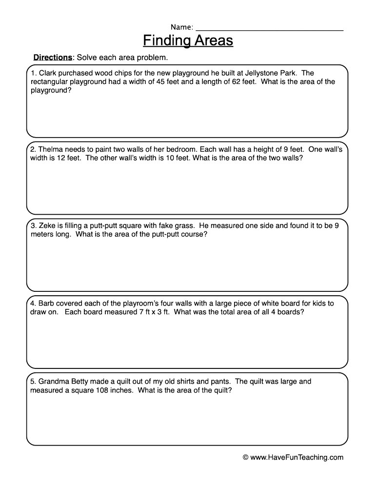 Finding Areas Word Problems Worksheet by Teach Simple