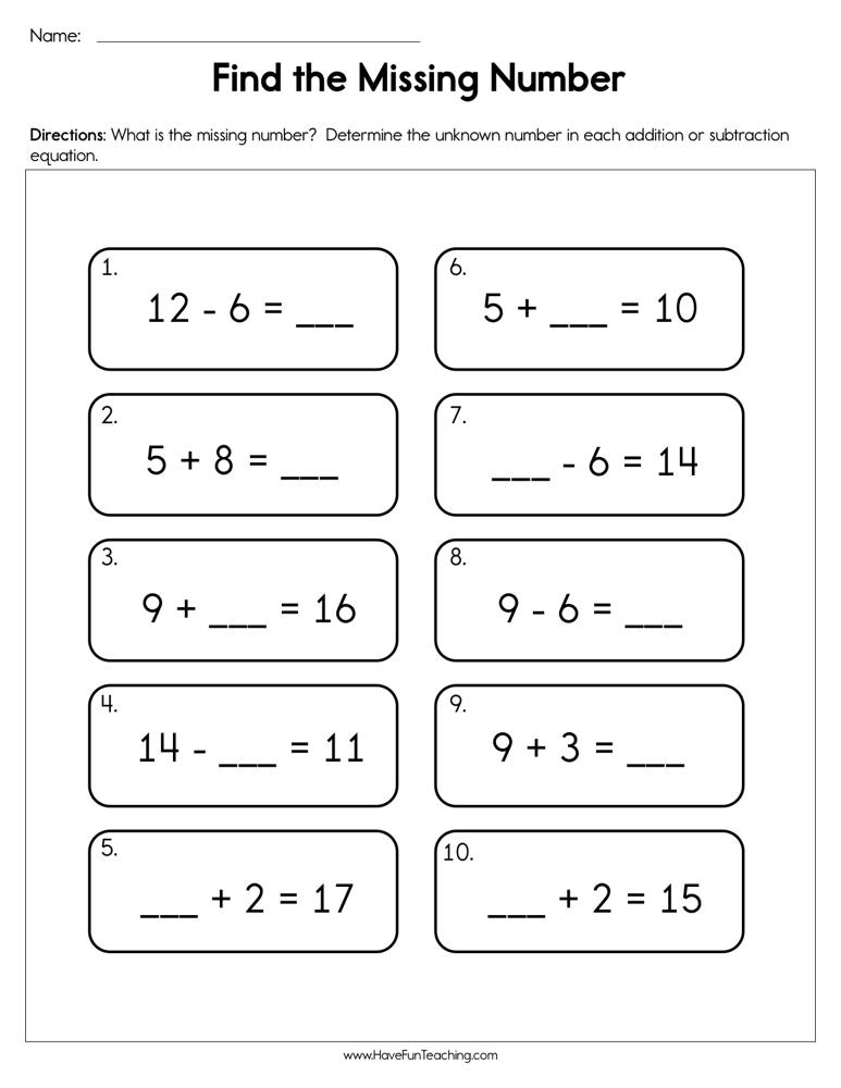 Finding the Missing Number Worksheet by Teach Simple