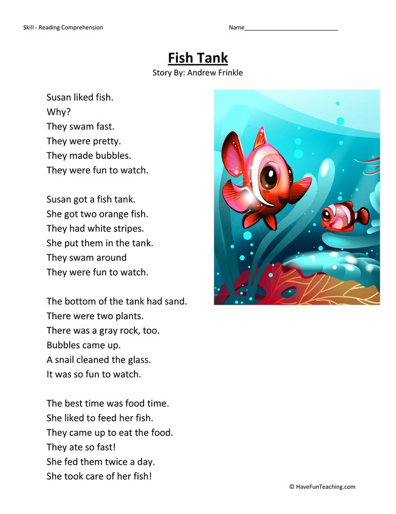Fish Tank - Reading Comprehension Worksheet by Teach Simple