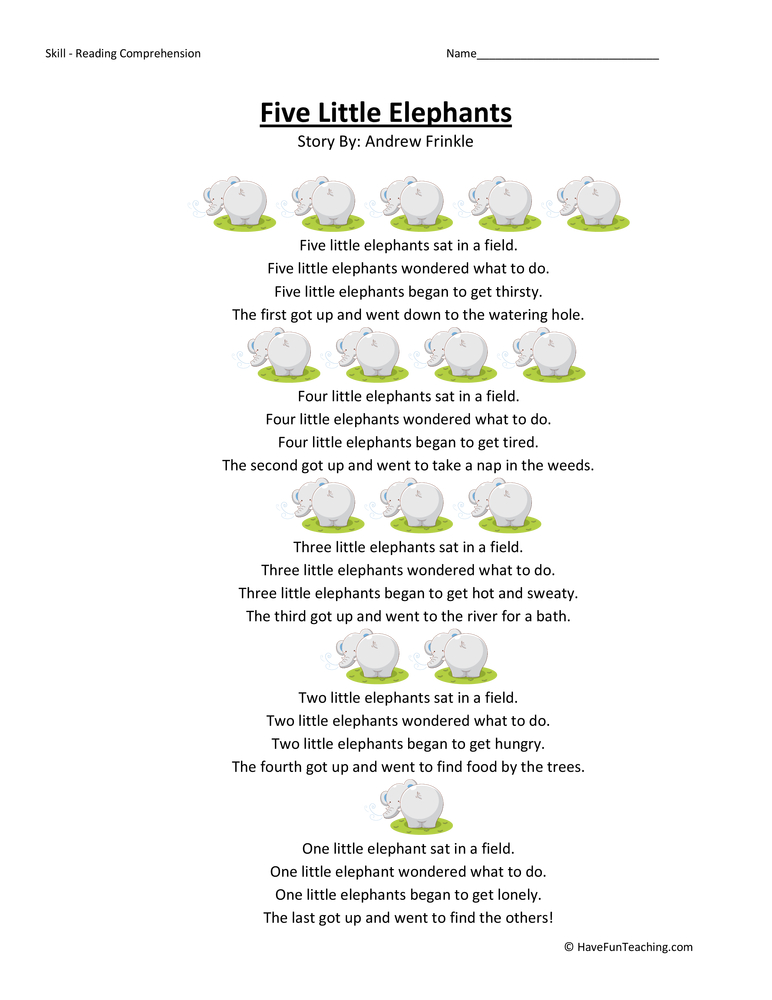Five Little Elephants - Reading Comprehension Worksheet by Teach Simple