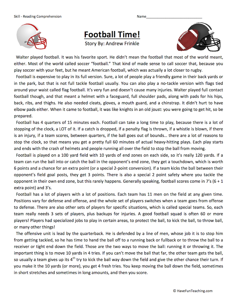 Football Time Reading Comprehension Worksheet by Teach Simple