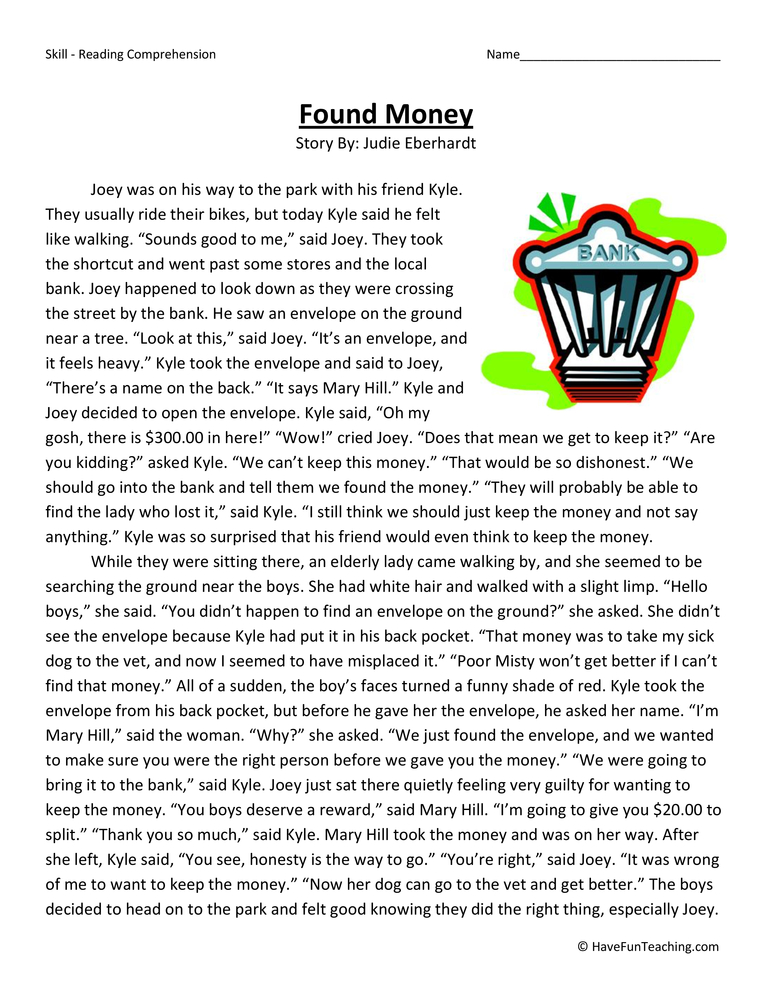 Found Money - Reading Comprehension Worksheet by Teach Simple