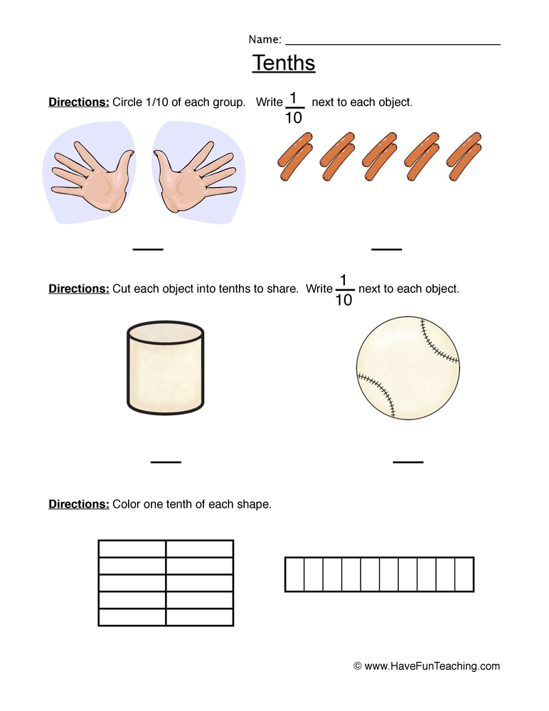 Fractions Tenth Worksheet by Teach Simple