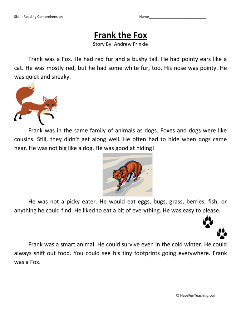 Frank the Fox - Reading Comprehension Worksheet by Teach Simple