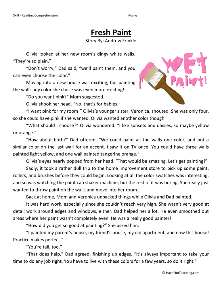 Fresh Paint Reading Comprehension Worksheet by Teach Simple
