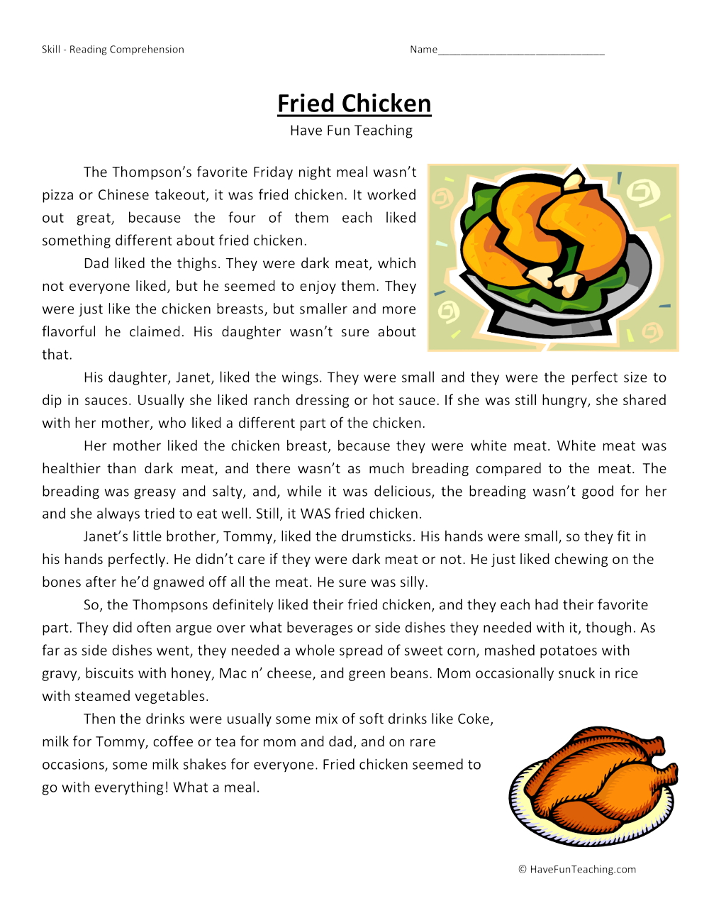 Fried Chicken - Reading Comprehension Worksheet by Teach Simple