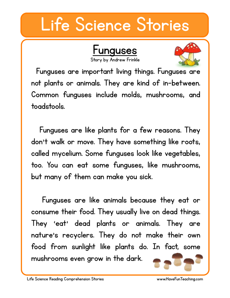 Funguses Life Science Reading Comprehension Worksheet by Teach Simple
