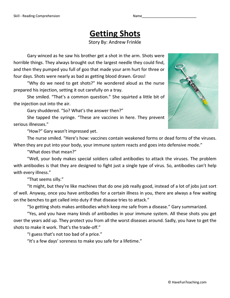 Getting Shots - Reading Comprehension Worksheet by Teach Simple