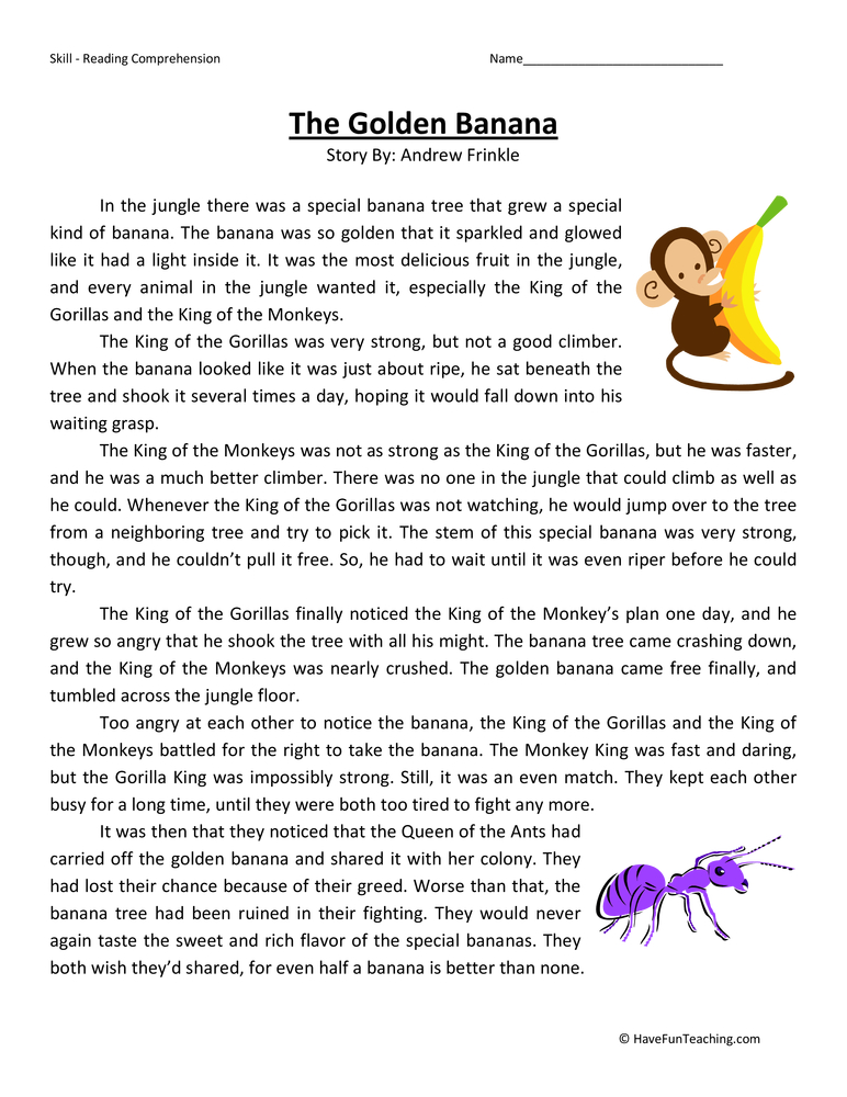Golden Banana - Reading Comprehension Worksheet by Teach Simple